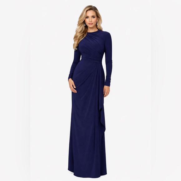 Betsy & Adam | Dresses | Betsy Adam Navy Long Sleeve Draped Evening ...